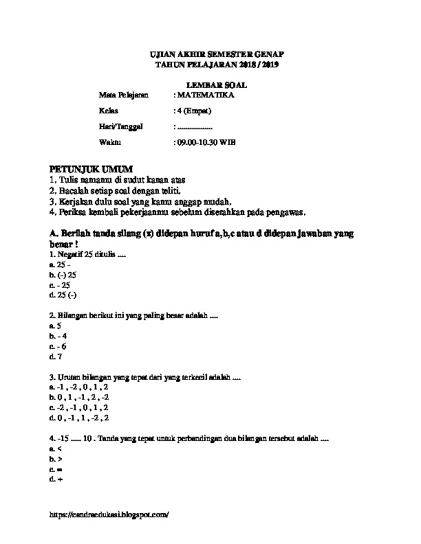 Soal Uas MATEMATIKA Kelas 4 Semester 2 [PDF] | PDFS.ASIA